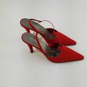 Moda Spana | Shoes | Moda Red Satin Open Back Heels 3 2 High Heels ...
